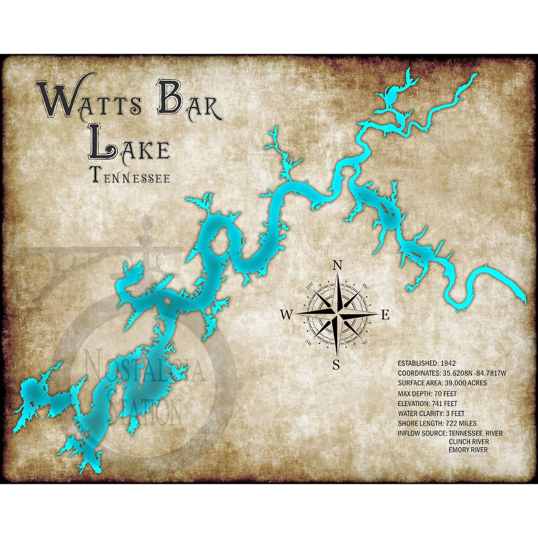 Watts Bar Lake, Tennessee Vintage Style Lake Map Wall Art Vanderbilt ...