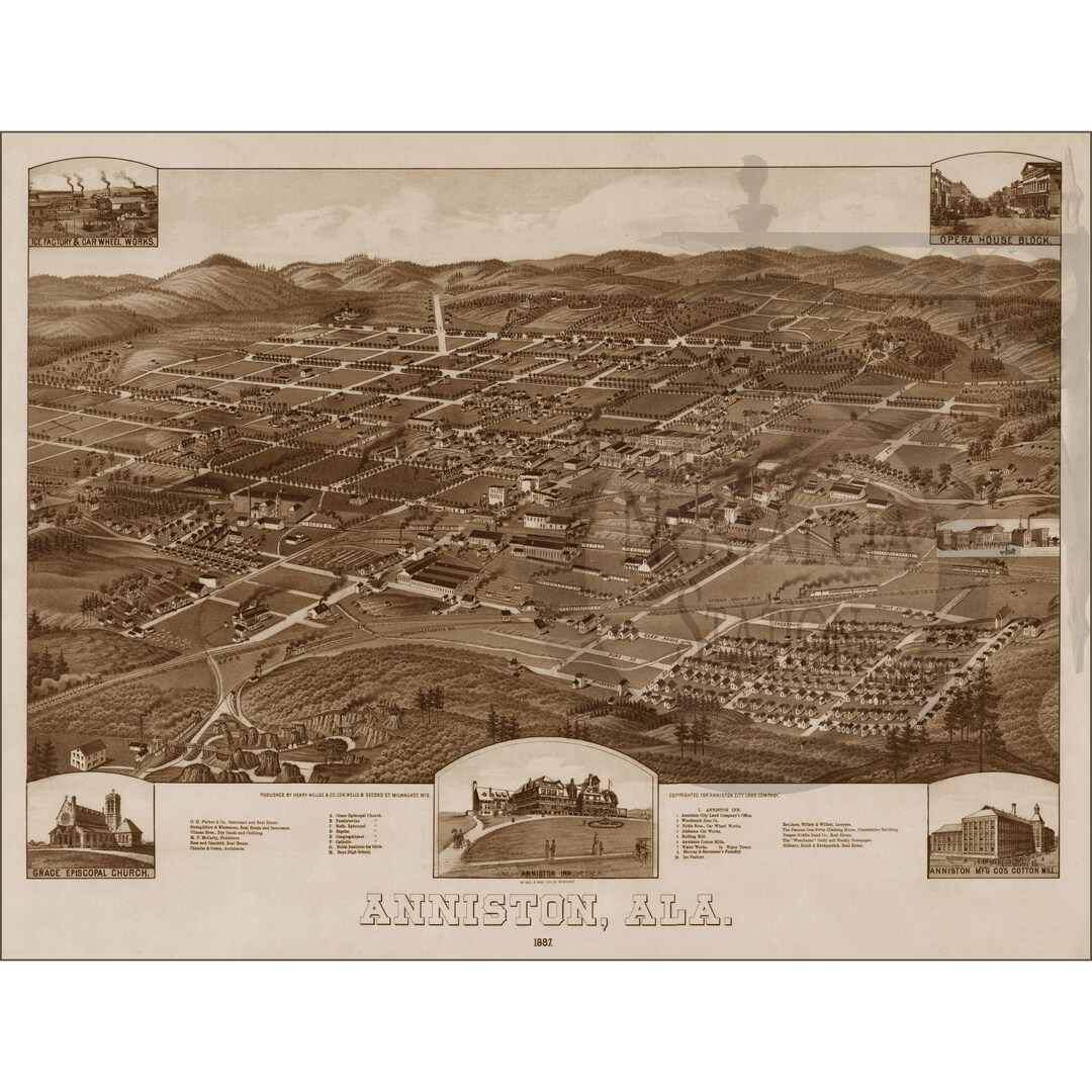 Anniston AL Alabama 1887 Historic Vintage Antique Map Wall Art Decor ...