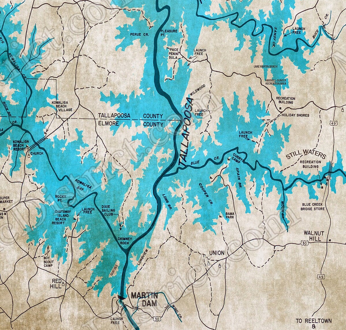 Lake Martin Map Alabama Vintage Style Map Near Alexander City ...