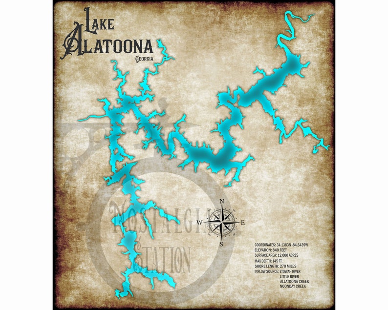 Lake Alatoona Georgia Vintage Style Lake Wall Art Decor Fishing Life ...