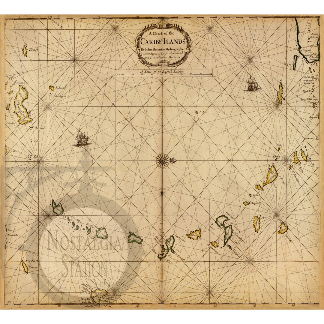 Caribbean Sea Nautical Mariner Ocean Map 1680 Antique Historic Vintage ...
