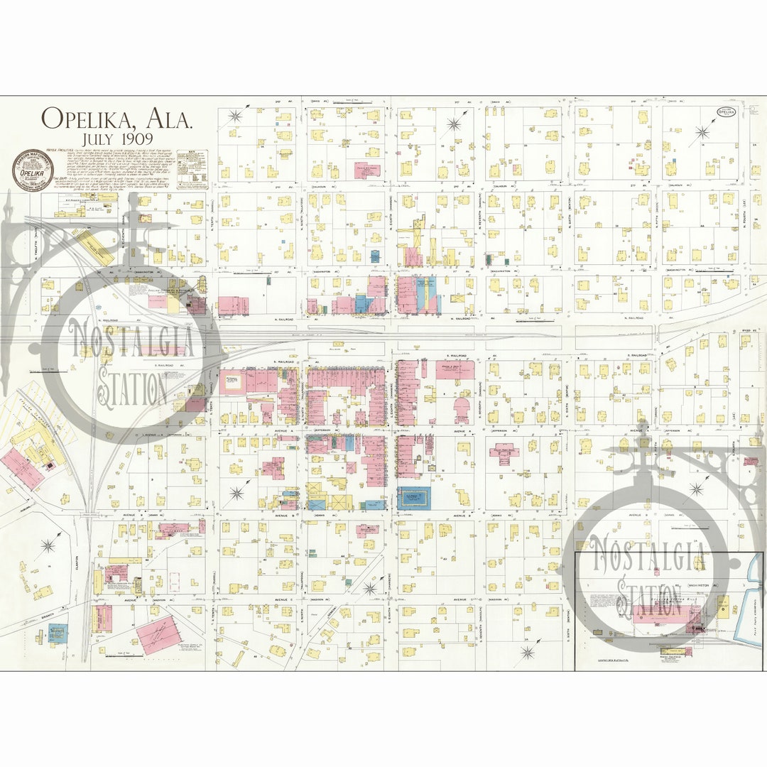 Opelika, Alabama 1909 Antique Vintage Historic Map Reprint 30 X 40 ...