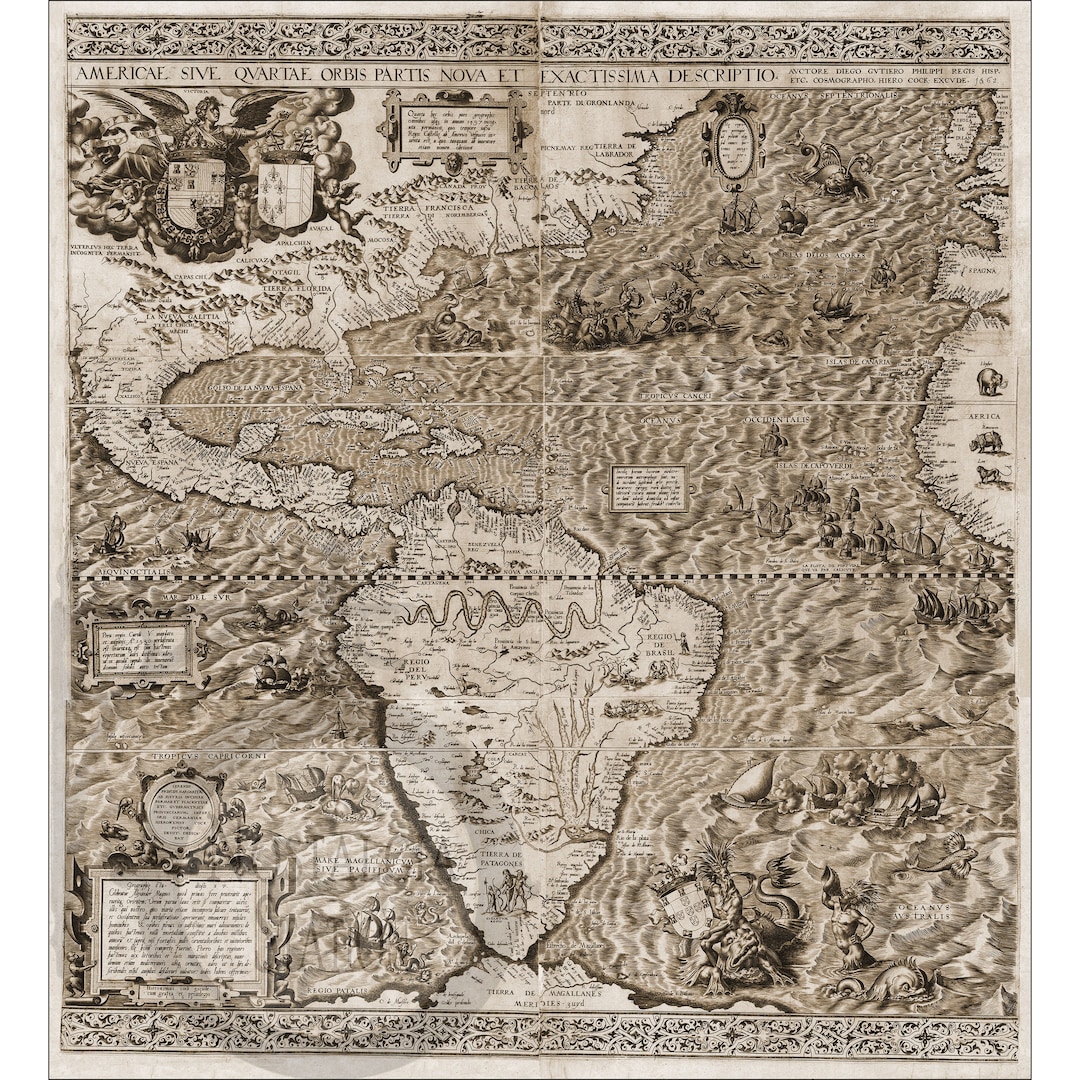 American World Map Print 1562 Antique Historic Vintage Photo Steampunk ...