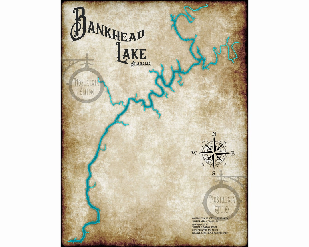 Bankhead Lake Alabama Vintage Style Lake Wall Art Decor Photo Map FREE ...