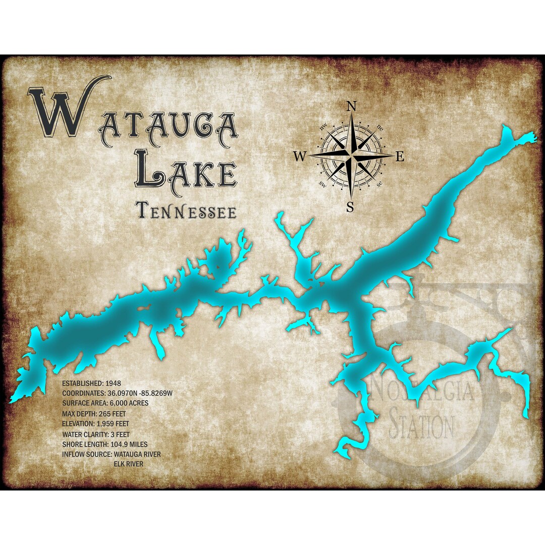 Watauga Lake, Tennessee Vintage Style Lake Map Wall Art Vanderbilt ...