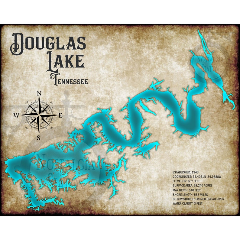 Douglas Lake, Tennessee Vintage Style Lake Map Wall Art Vanderbilt ...