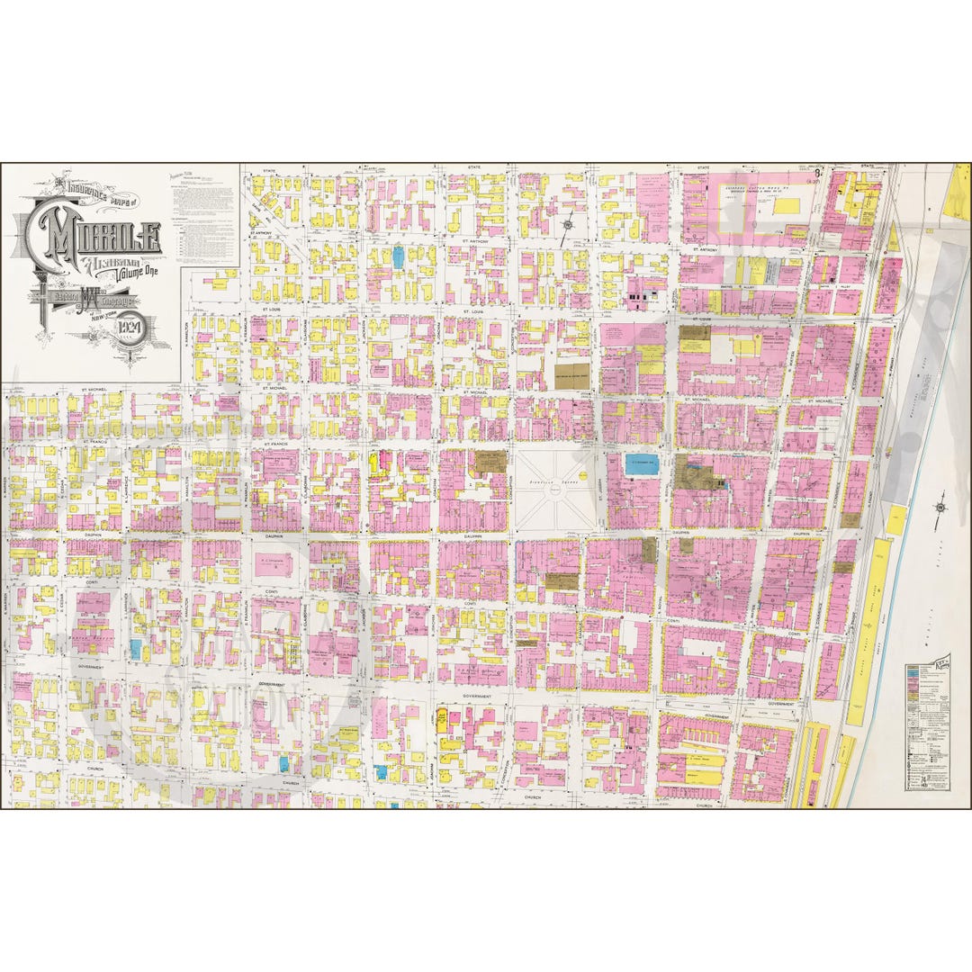 Mobile, Alabama 1924 Map Antique Vintage Historic Wall Art Bay Bears ...