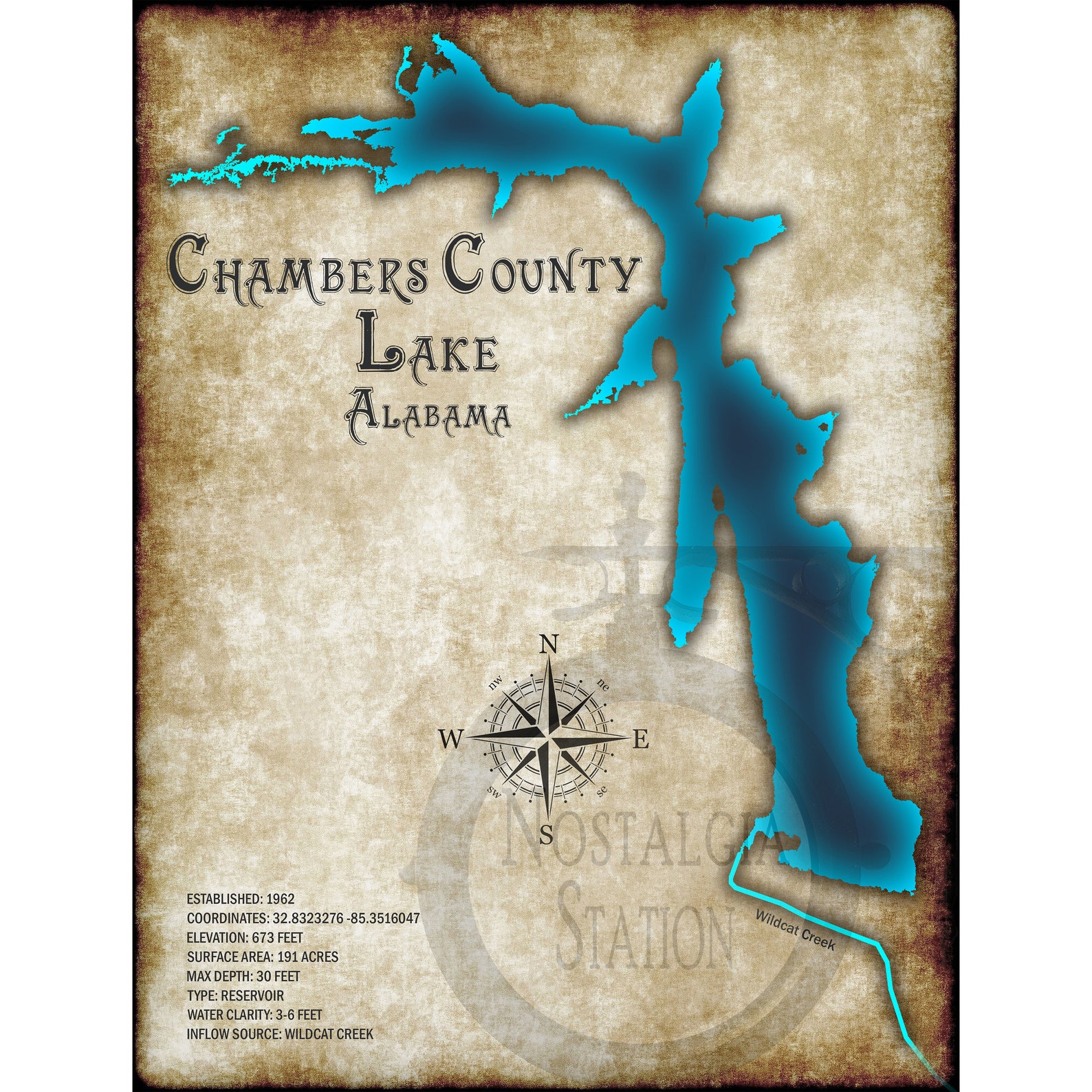 Chambers County Lake, Alabama Vintage Style Lake Map Wall Art Lanett ...