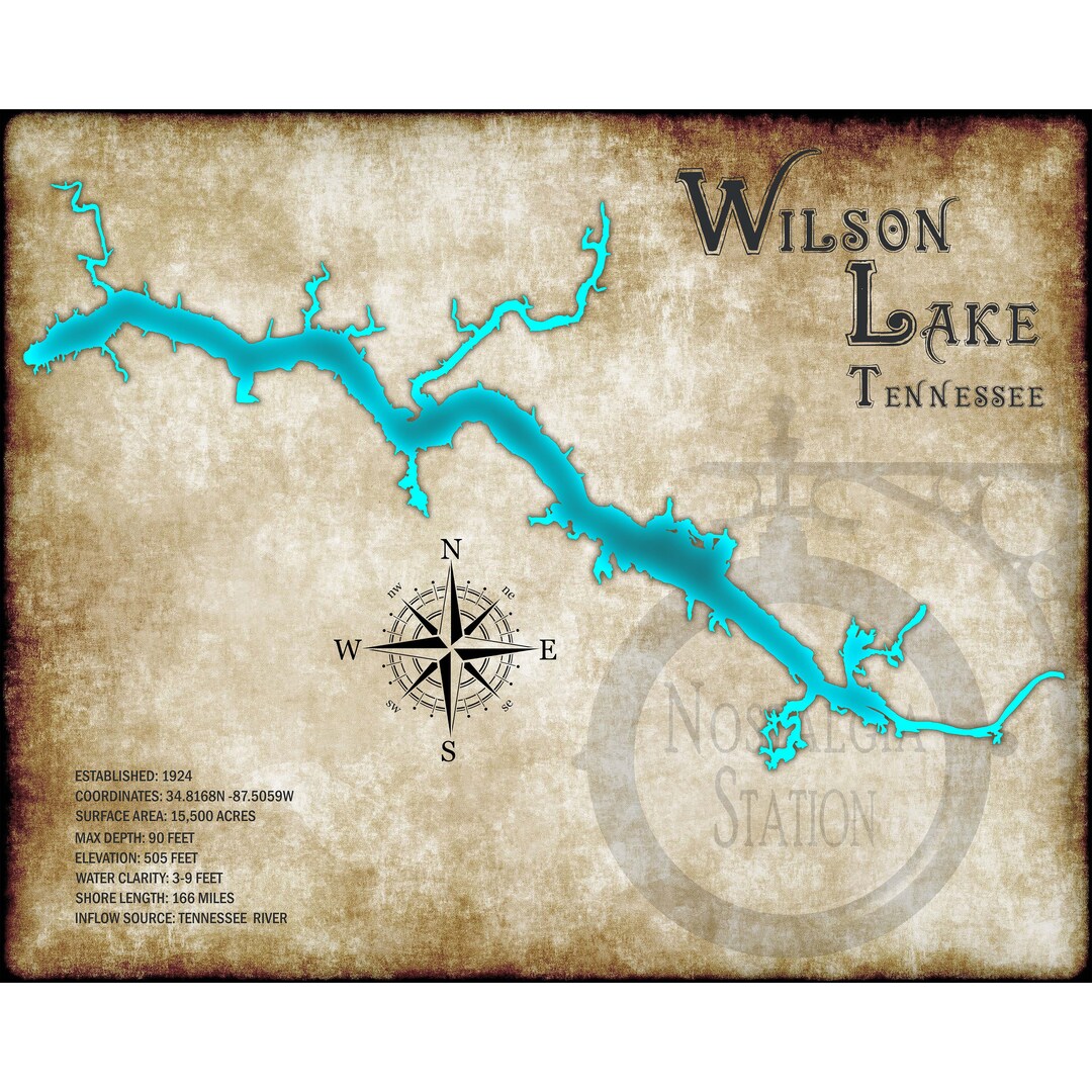 Wilson Lake Tennessee Vintage Style Lake Map Wall Art Vanderbilt ...