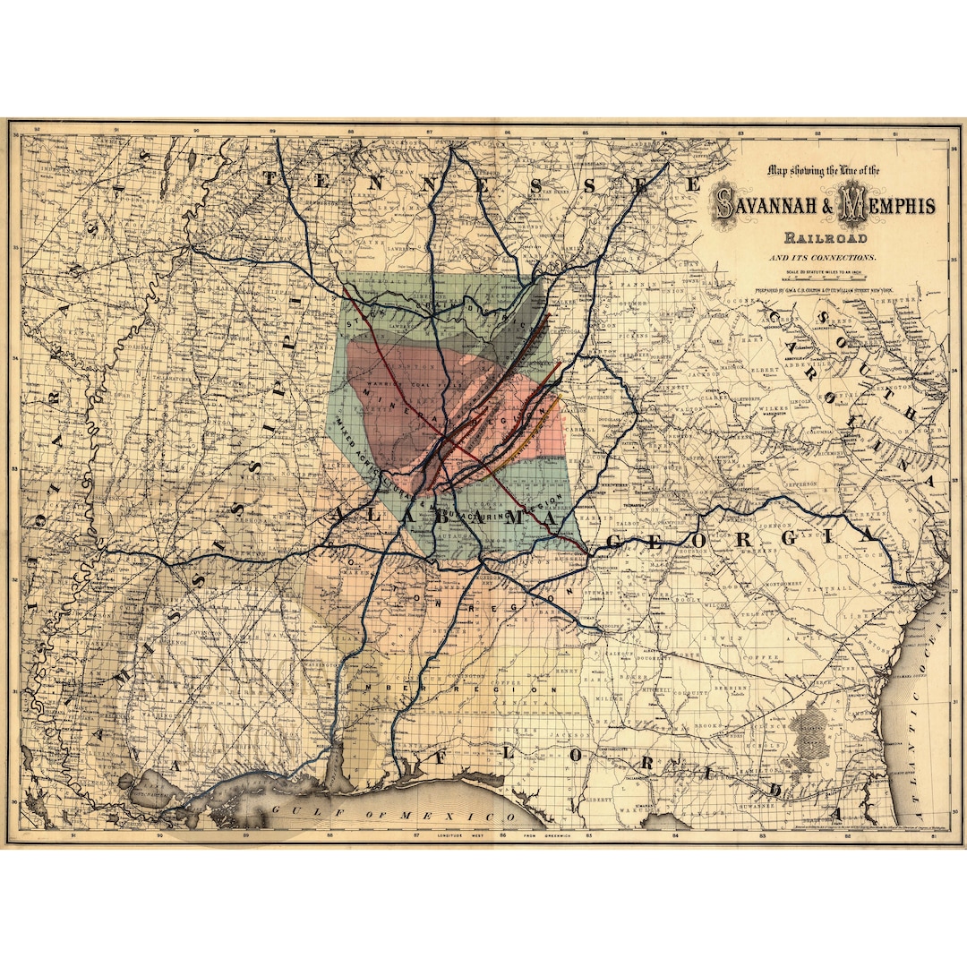 Savannah and Memphis Railroad Map 1872 Alabama Antique Historic Vintage ...