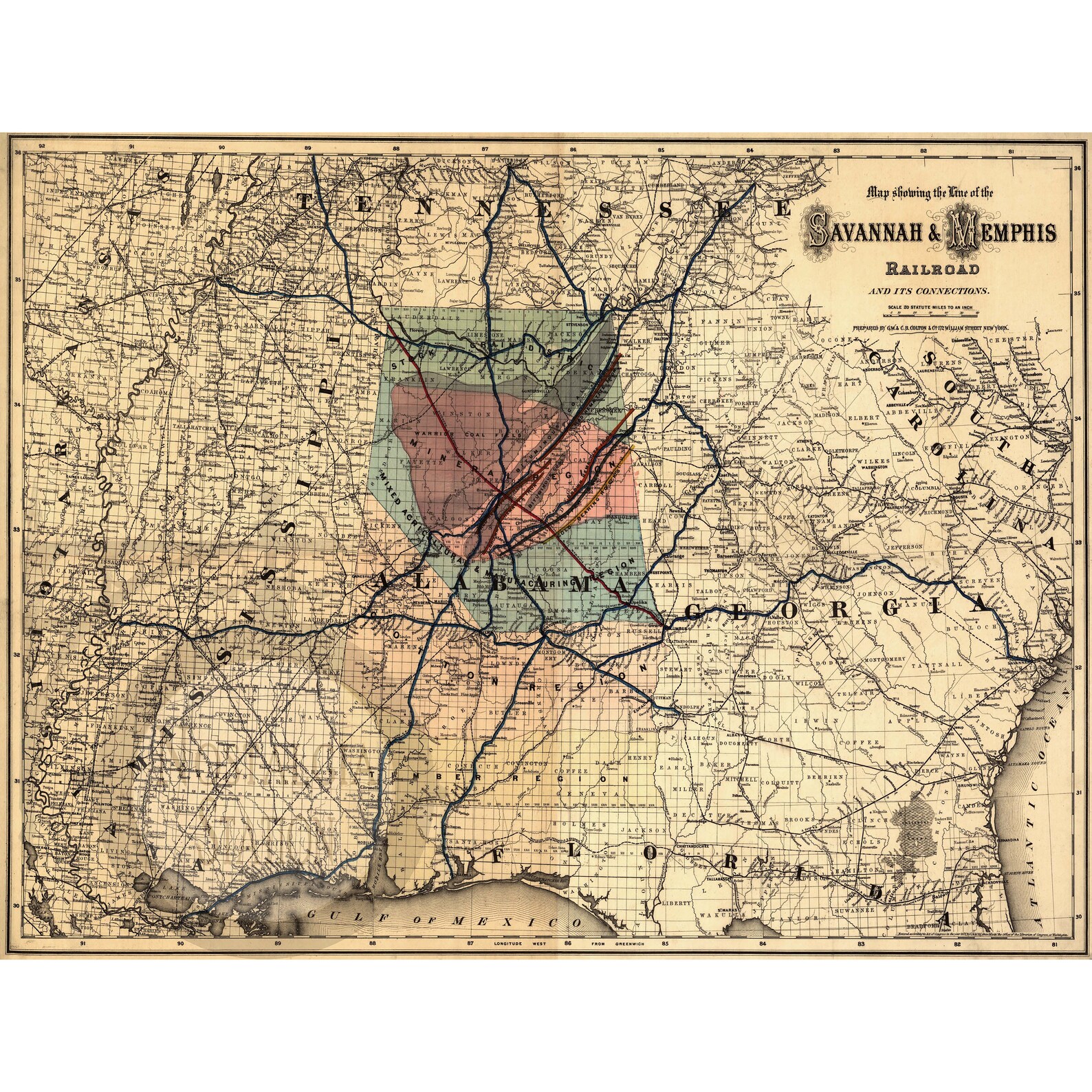 Savannah and Memphis Railroad Map 1872 Alabama Antique Historic Vintage ...