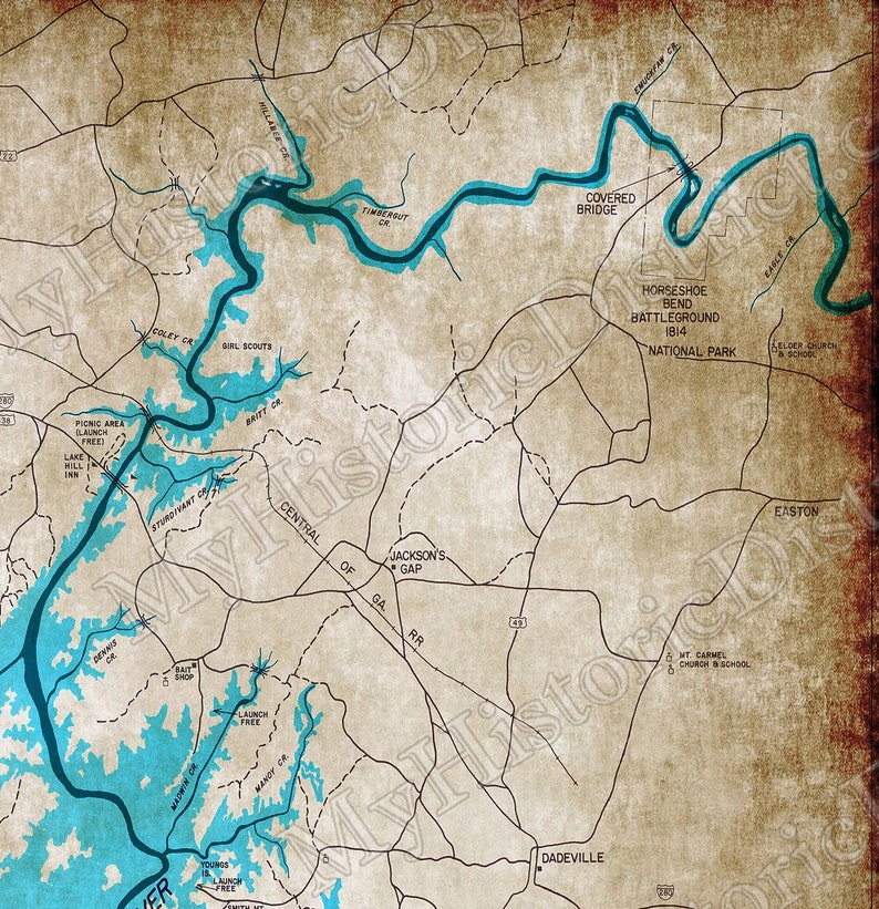 Lake Martin Map Alabama 20x20 Vintage Style Map Near Alexander City ...