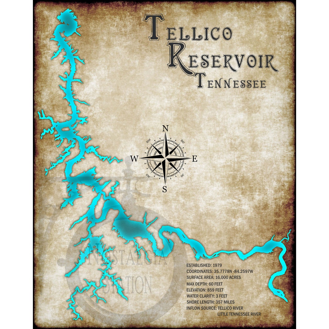 Tellico Reservoir Lake, Tennessee Vintage Style Lake Map Wall Art ...
