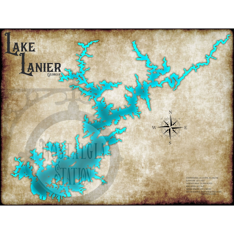 Lake Lanier, Georgia Vintage Style Lake Wall Art Decor Photo Map FREE ...