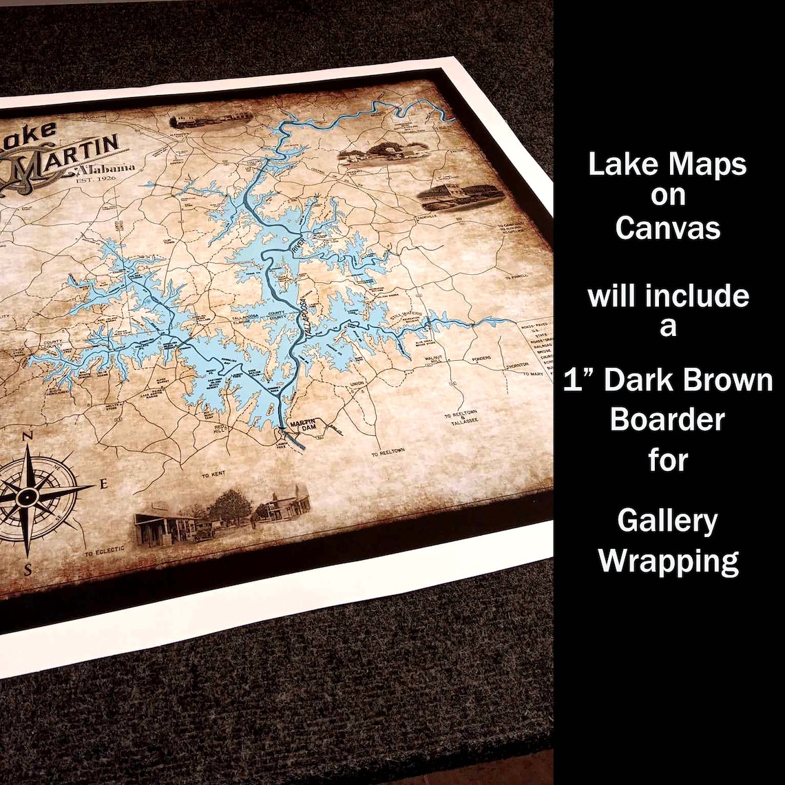 Lake Martin Map Alabama Vintage Style Map With Historic Photos Near ...