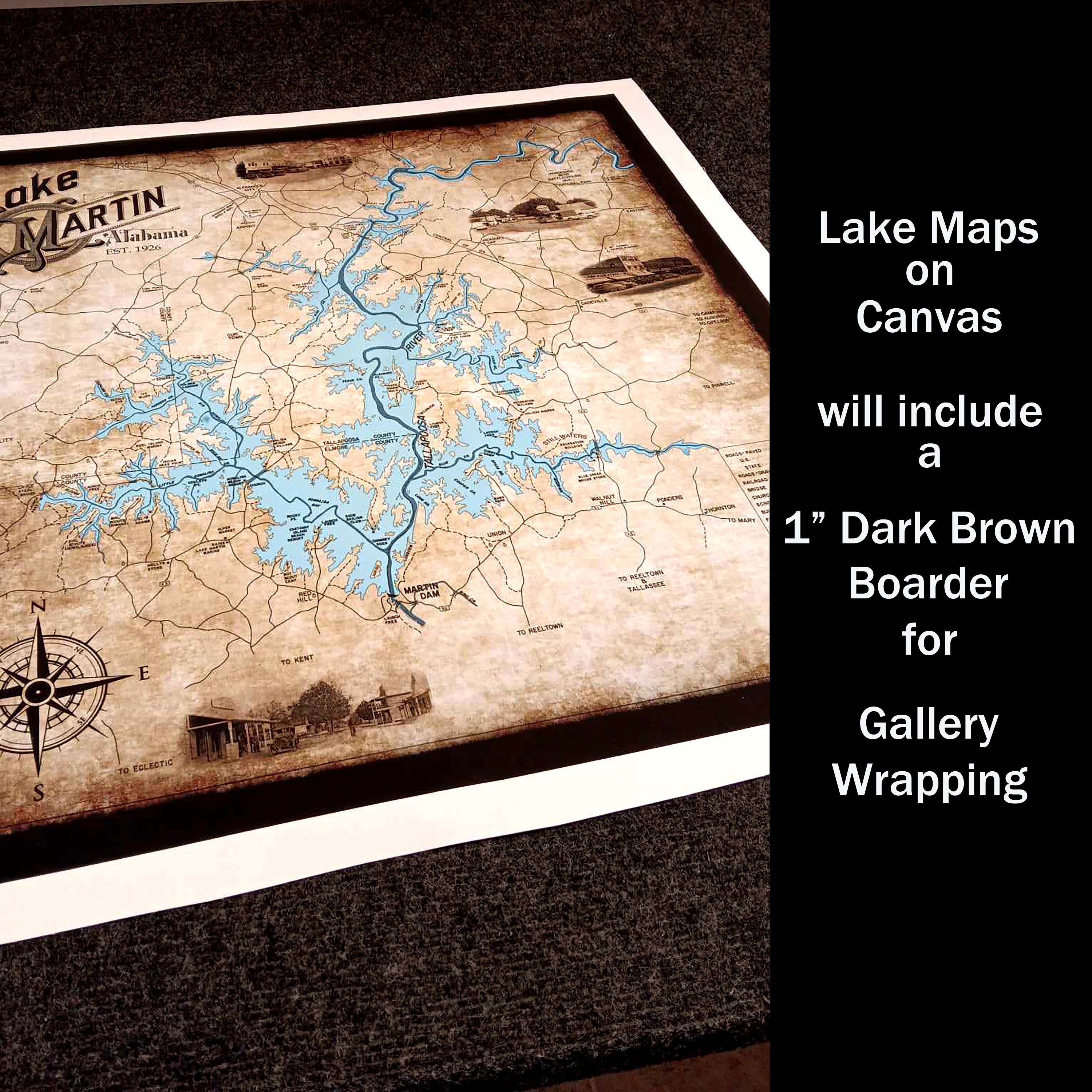 Lake Martin Map Alabama Vintage Style Map With Historic Photos Near ...