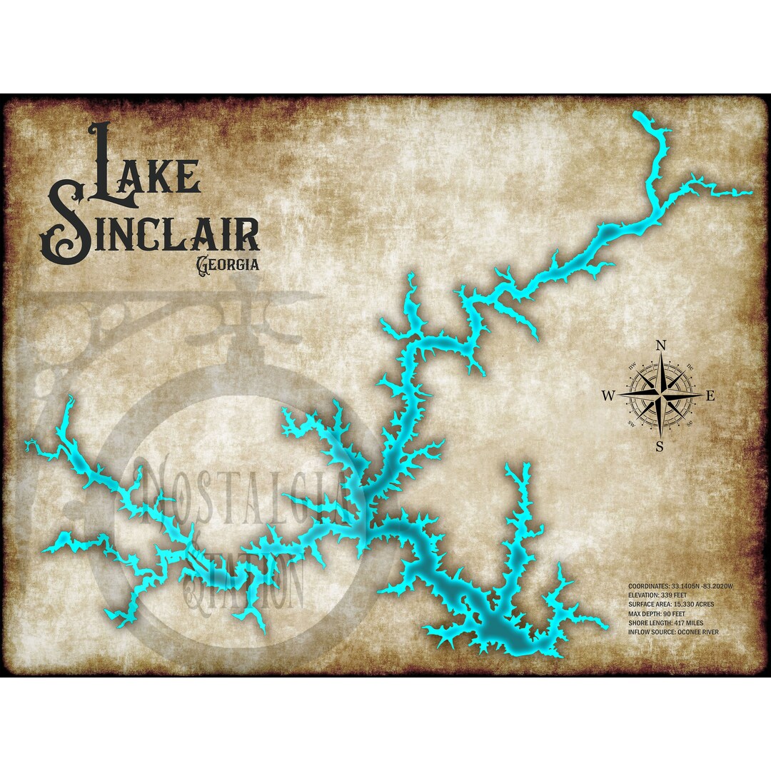 Lake Sinclair, Georgia Vintage Style Lake Wall Art Decor Photo Map FREE ...