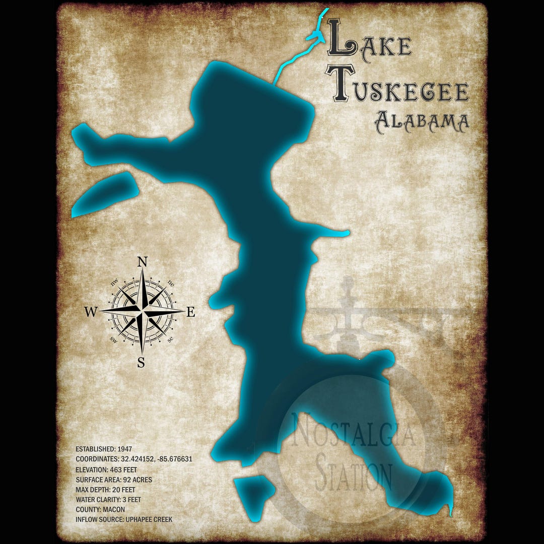 Lake Tuskegee Alabama Vintage Style Map Macon County Booker T ...