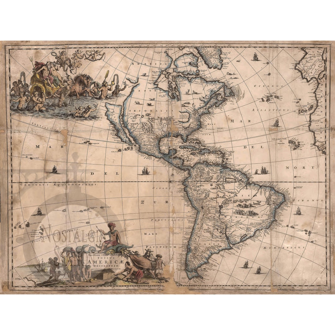 American World Map Print 1650 Antique Historic Vintage Photo Steampunk ...