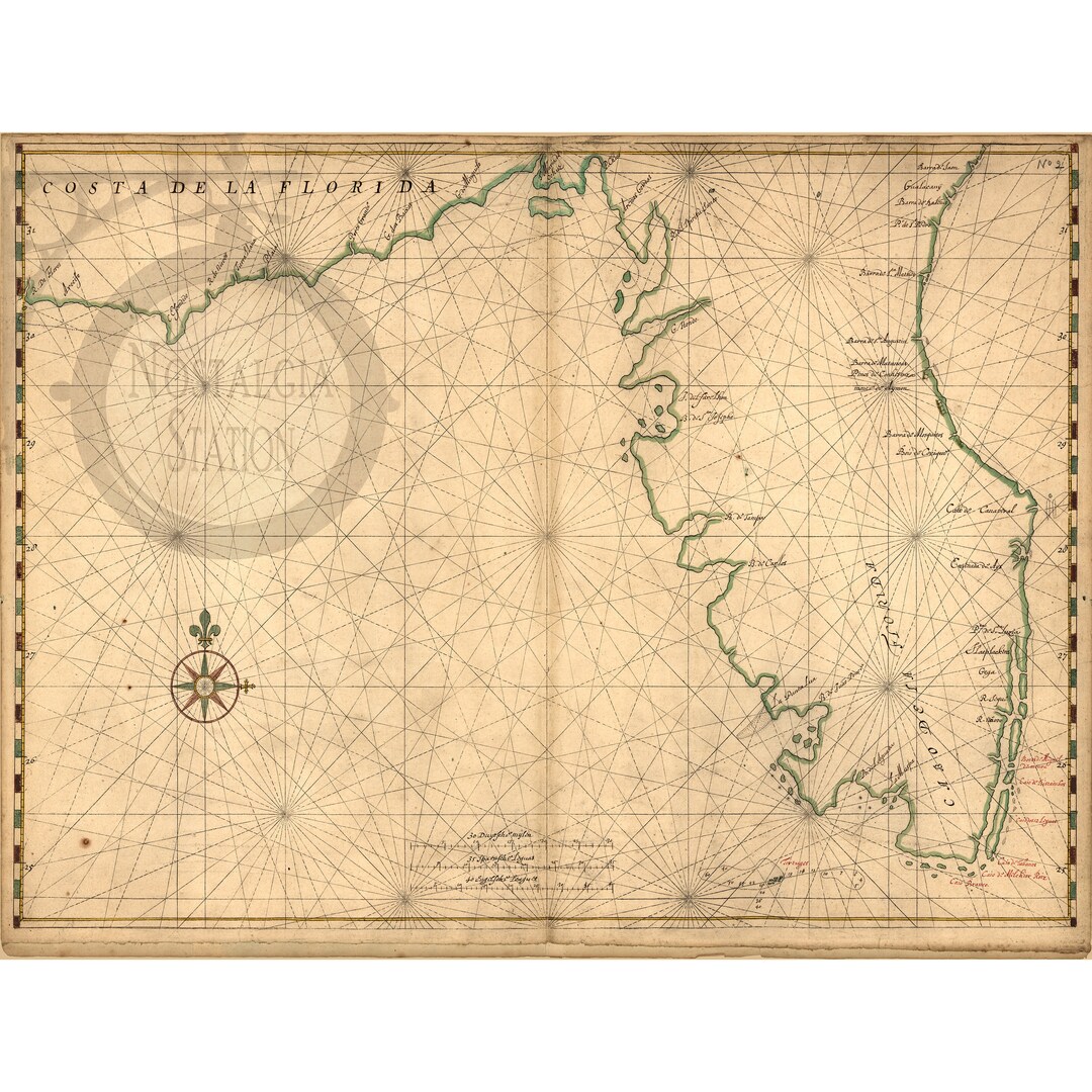 Florida 1639 Nautical Mariner Map Antique Historic Vintage Photo ...