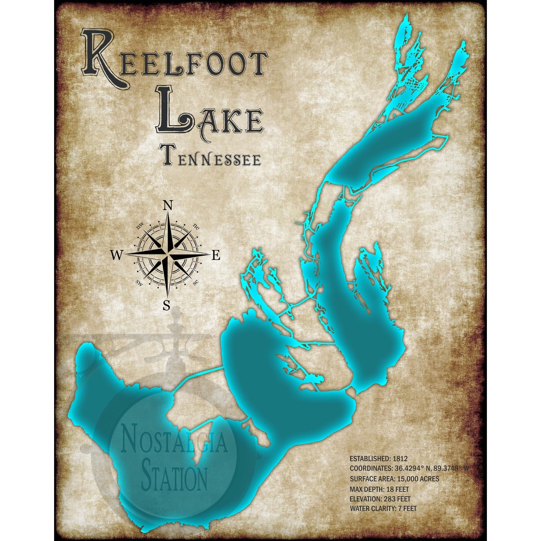 Reelfoot Lake, Tennessee Vintage Style Lake Map Wall Art Vanderbilt ...