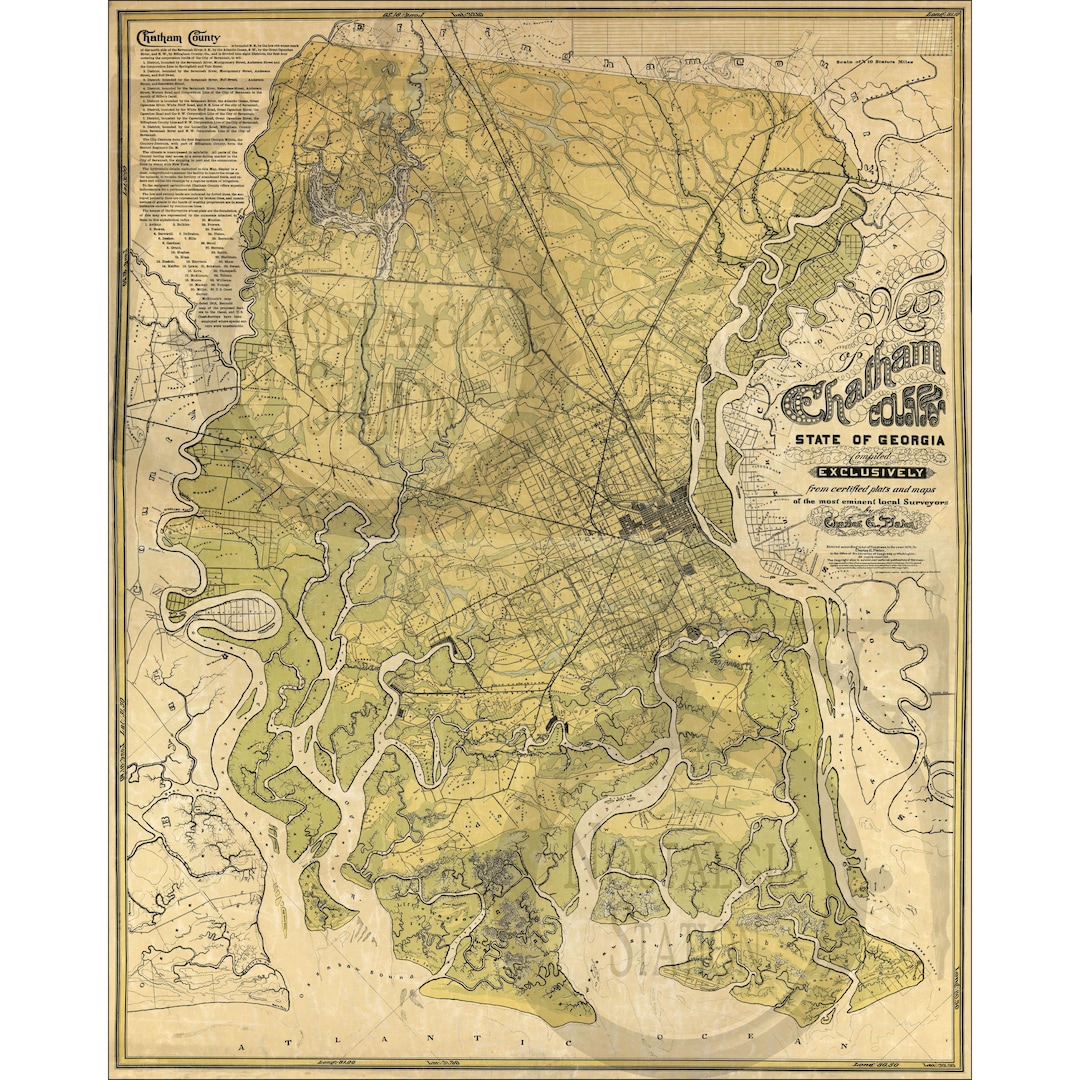 Chatham County Georgia Map 1875 Savannah Vintage Historic Savannah ...