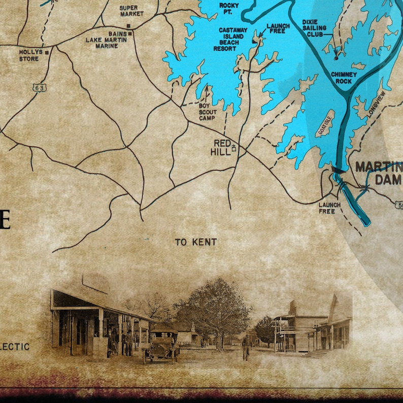 Lake Martin Vintage Style Map Alabama With Historic Photos Near ...