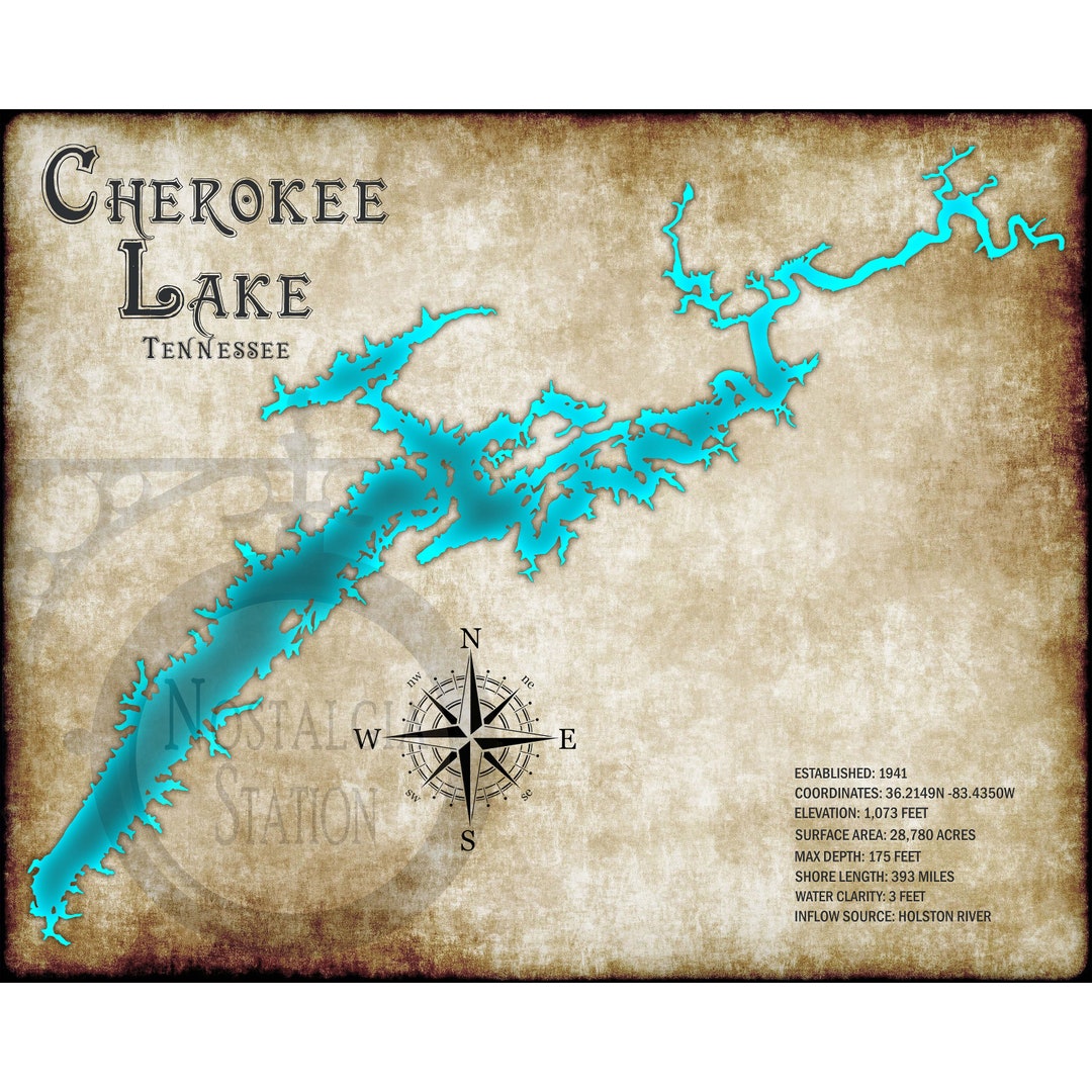 Cherokee Lake Reservoir Tennessee Vintage Style Lake Map Wall Art ...