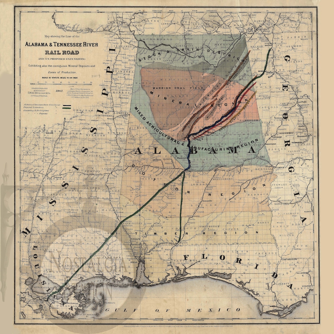 Alabama 1867 Railroad RR Map Antique Historic Vintage Photo American ...