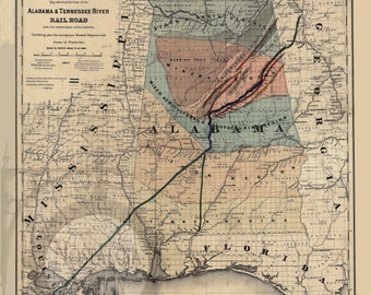 Savannah and Memphis Railroad Map 1872 Alabama Antique Historic Vintage ...