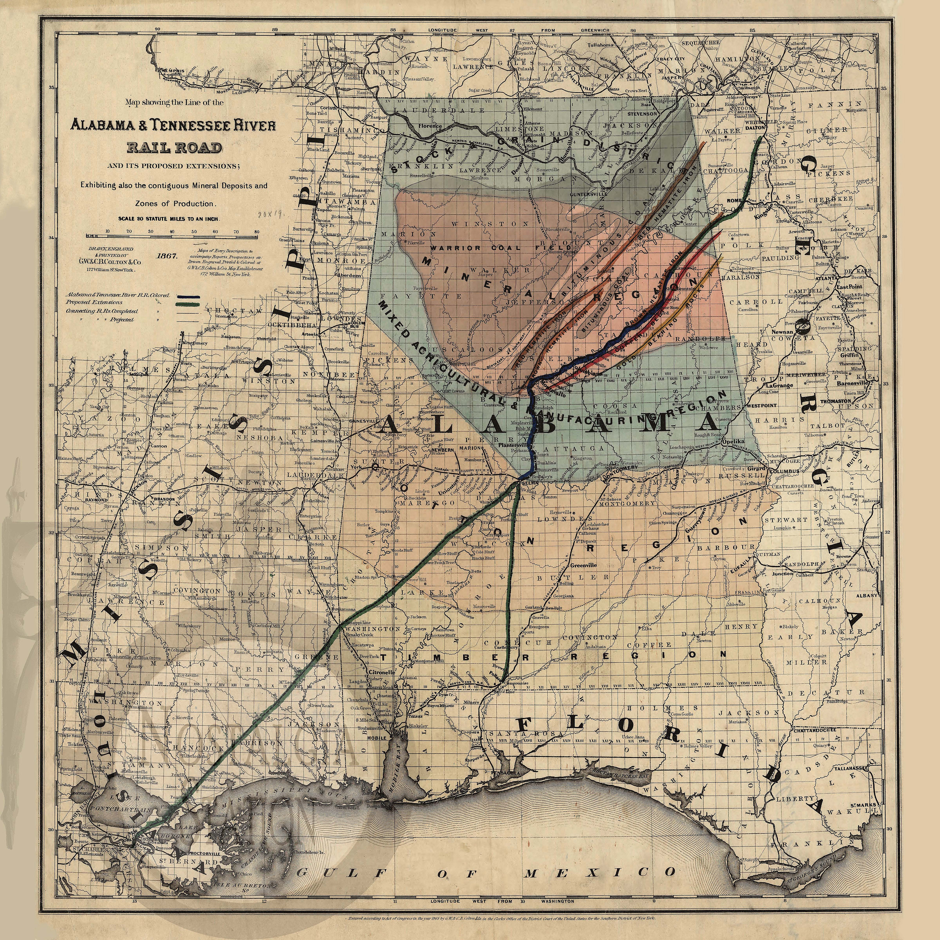 Alabama 1867 Railroad RR Map Antique Historic Vintage Photo American ...