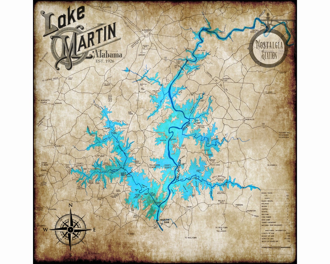 Lake Martin Map Alabama 12x12 Vintage Style Map Near - Etsy
