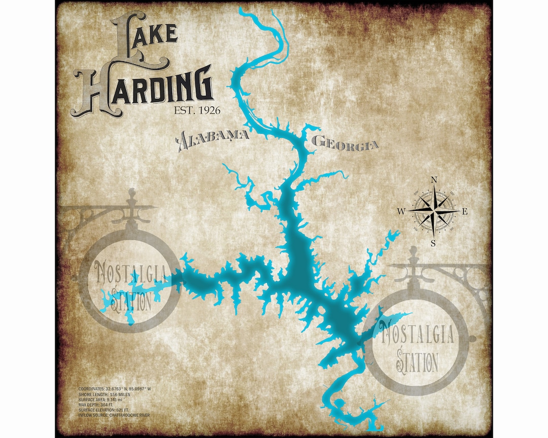 Lake Harding Alabama Map Vintage Style Lake Wall Art Decor Fishing Life ...