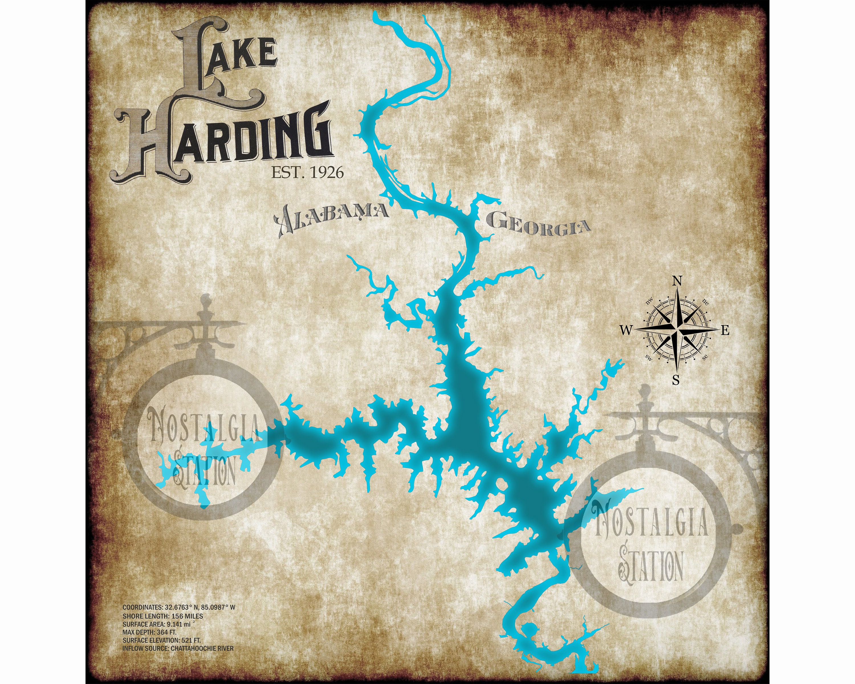 Lake Harding Alabama Map Vintage Style Lake Wall Art Decor Fishing Life ...