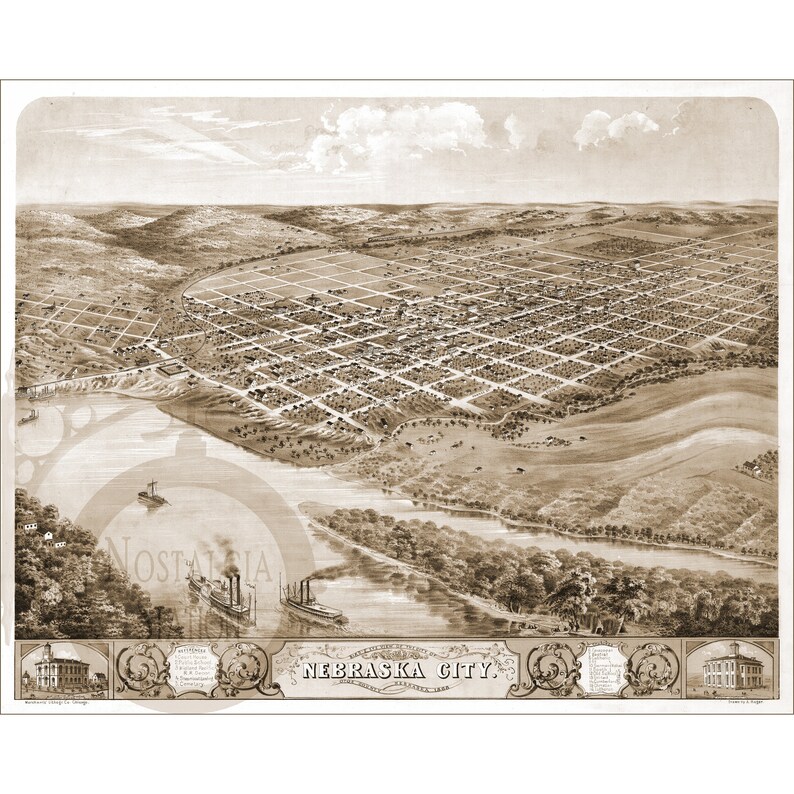 Nebraska City, Nebraska NB 1868 Map Pioneers Antique Historic Vintage ...