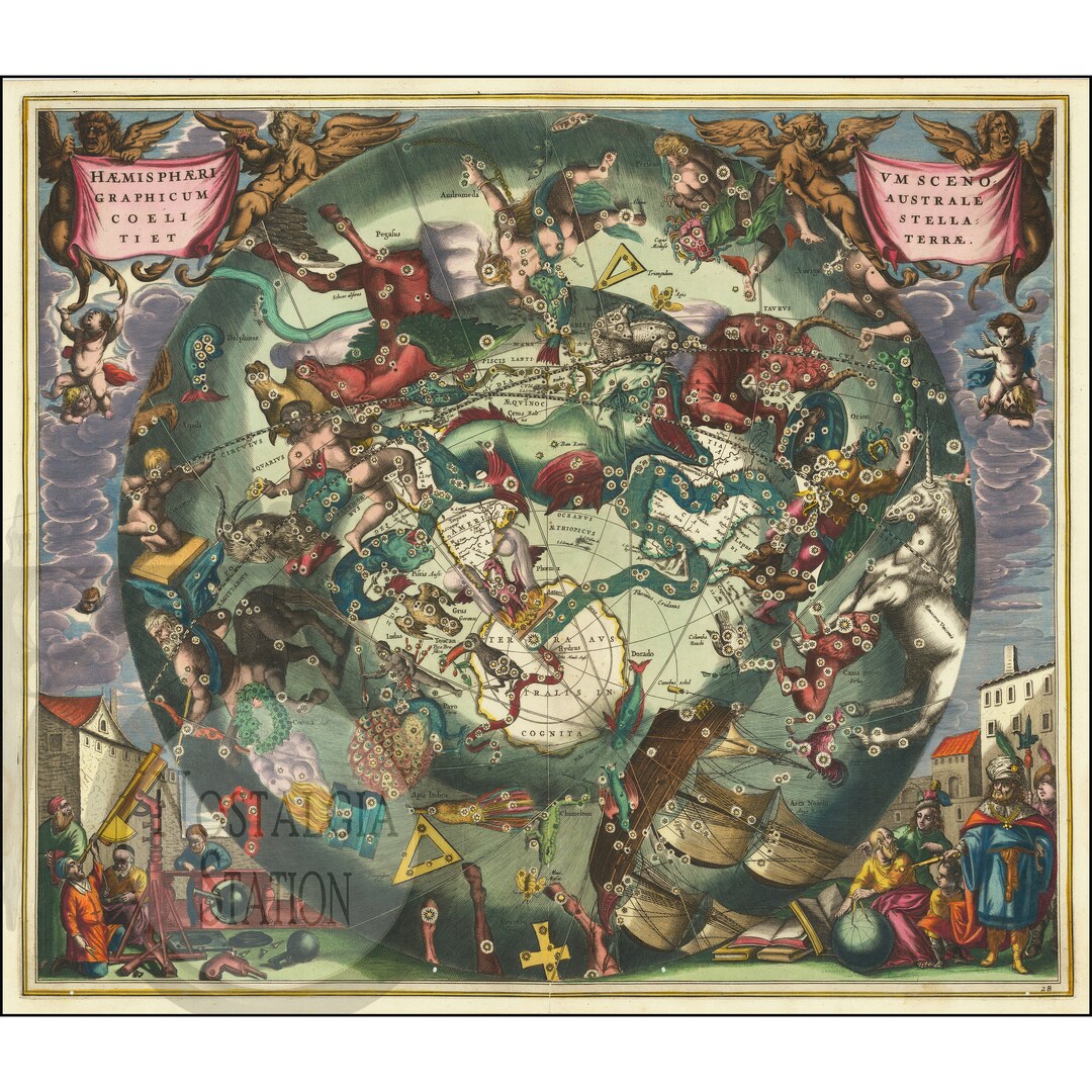 Celestial Chart of the Southern Sky 1661 Antique Historic Vintage ...