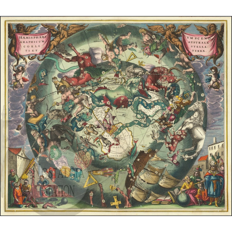 Celestial Chart of the Southern Sky 1661 Antique Historic Vintage ...