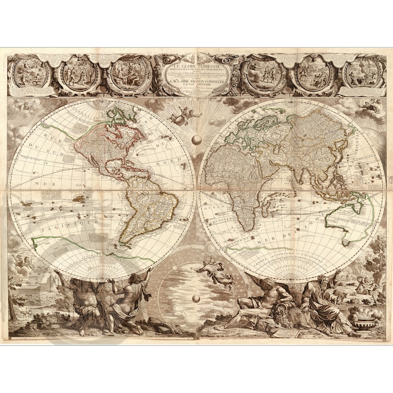 World Map 1708 Antique Historic Vintage Photo Steampunk Pirate Map Wall ...