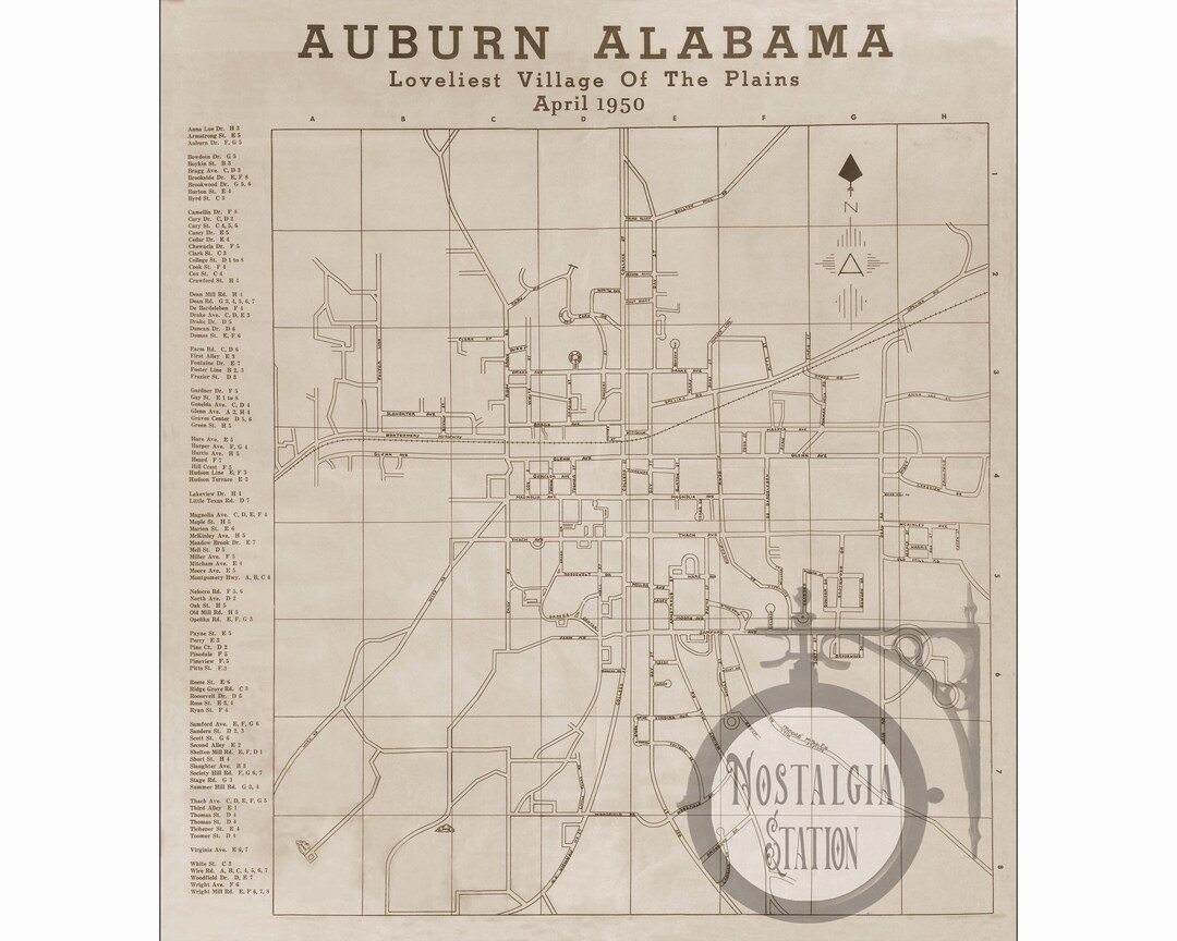 Auburn, AL Alabama 1950 Map College Street Lee County Toomers Corner ...