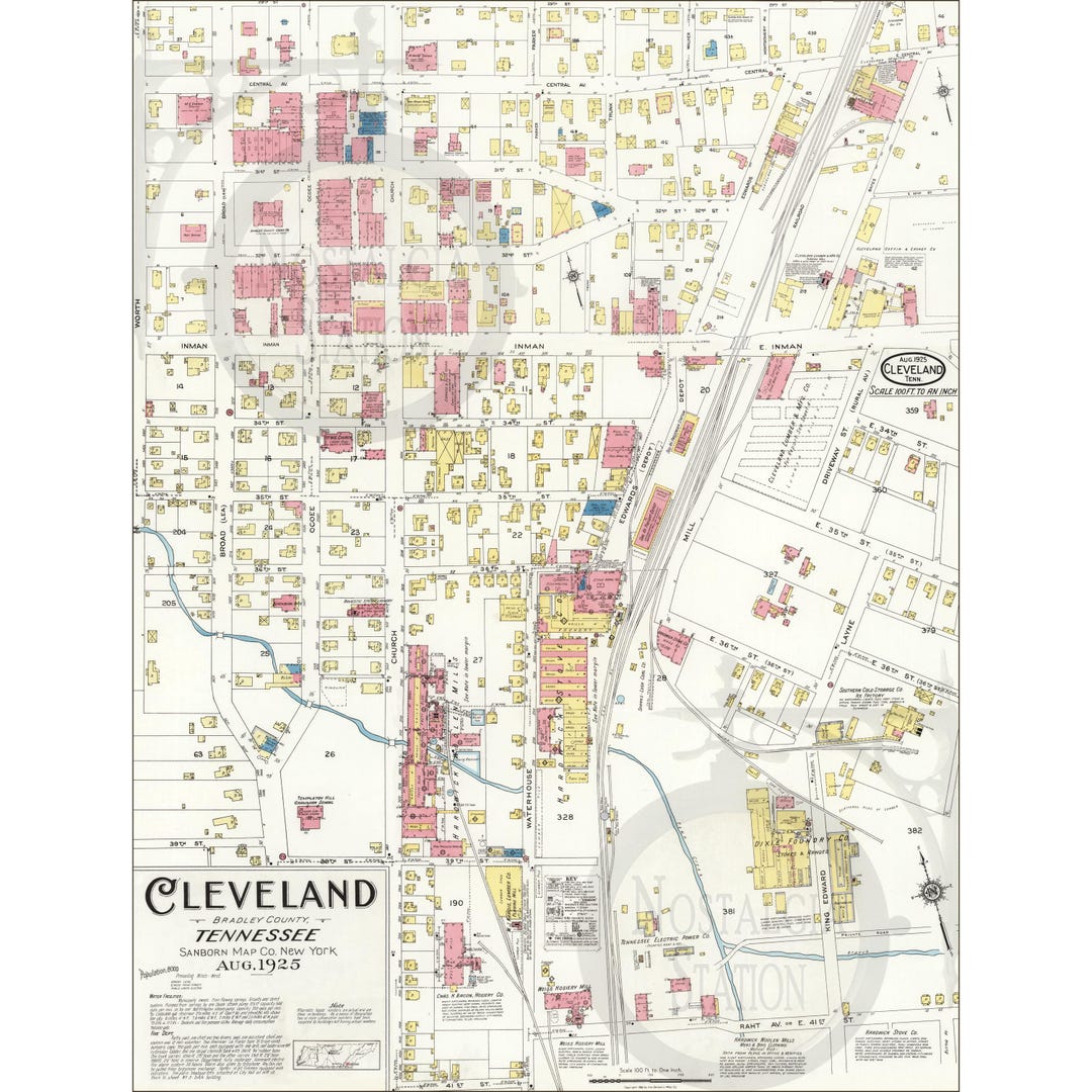 Cleveland, Tennessee Map 1925 Near Chattanooga Historic Vintage Photo ...