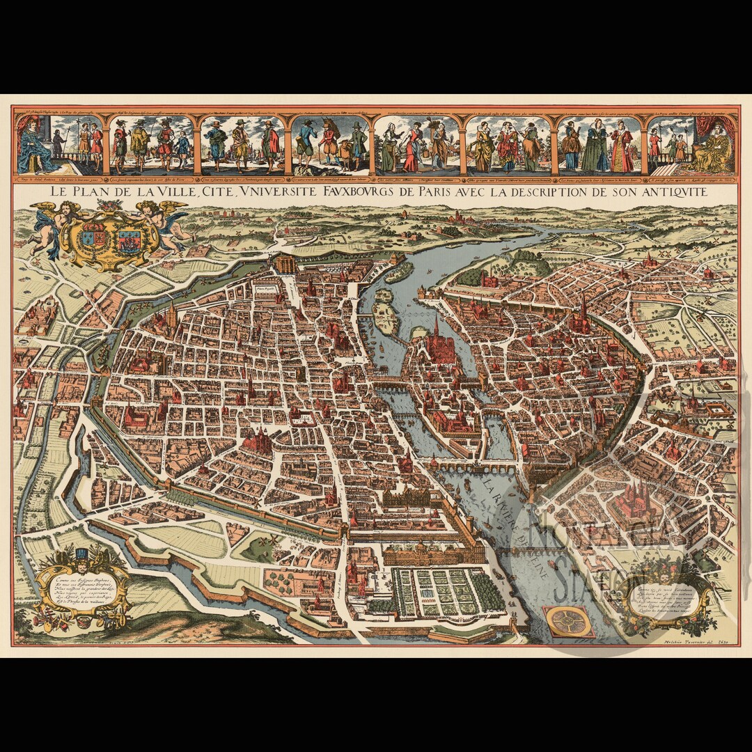 Paris France 1615 Map Antique Vintage Historic History Wall Art Decor ...