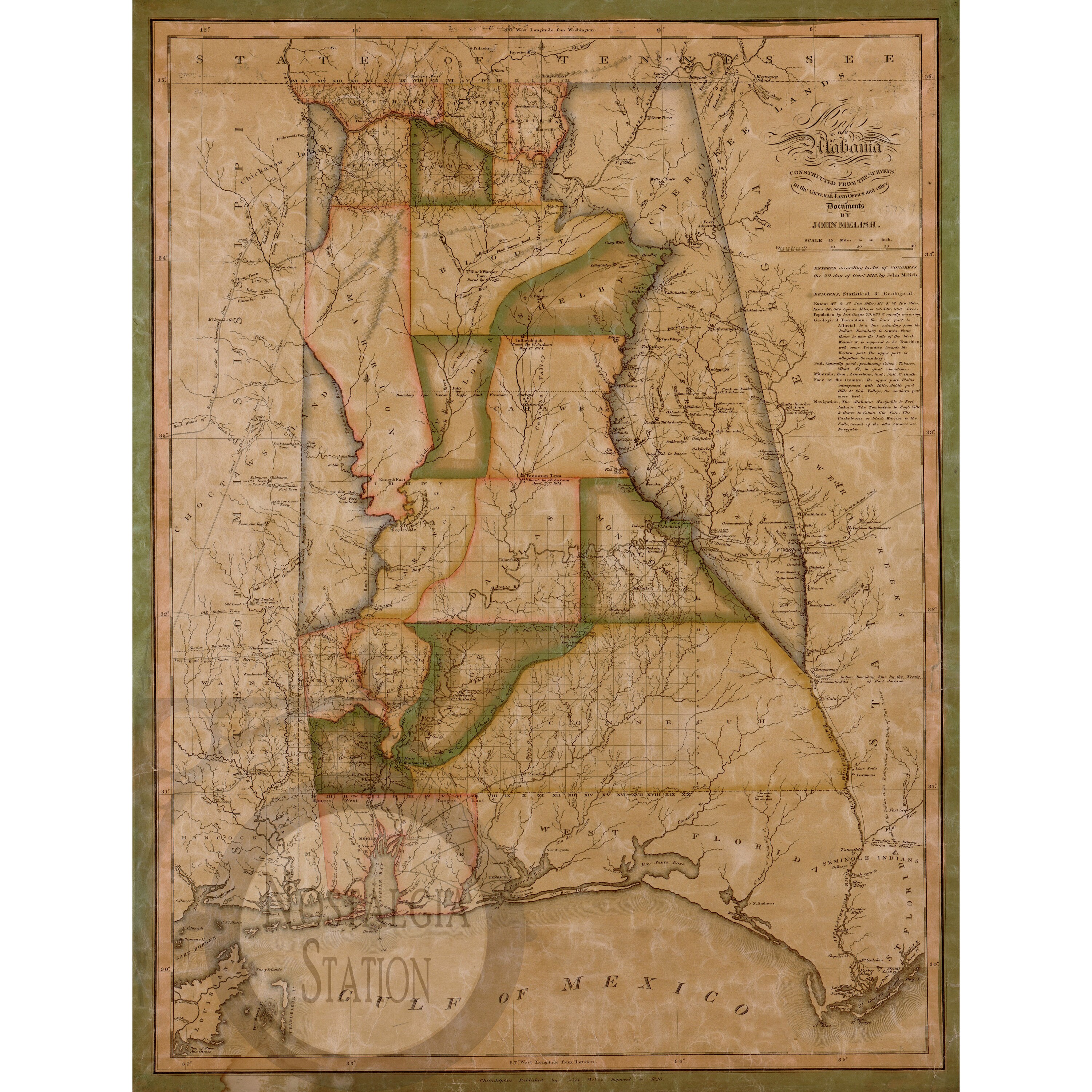 Alabama 1820 Map Antique Historic Vintage Photo American History Wall ...