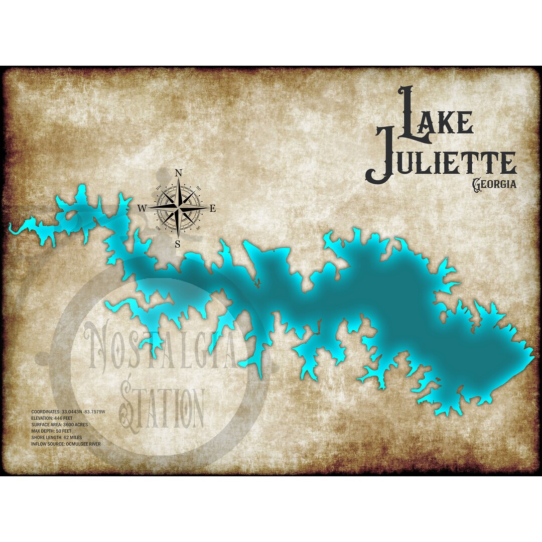 Lake Juliette, Georgia Vintage Style Lake Wall Art Decor Photo Map FREE ...