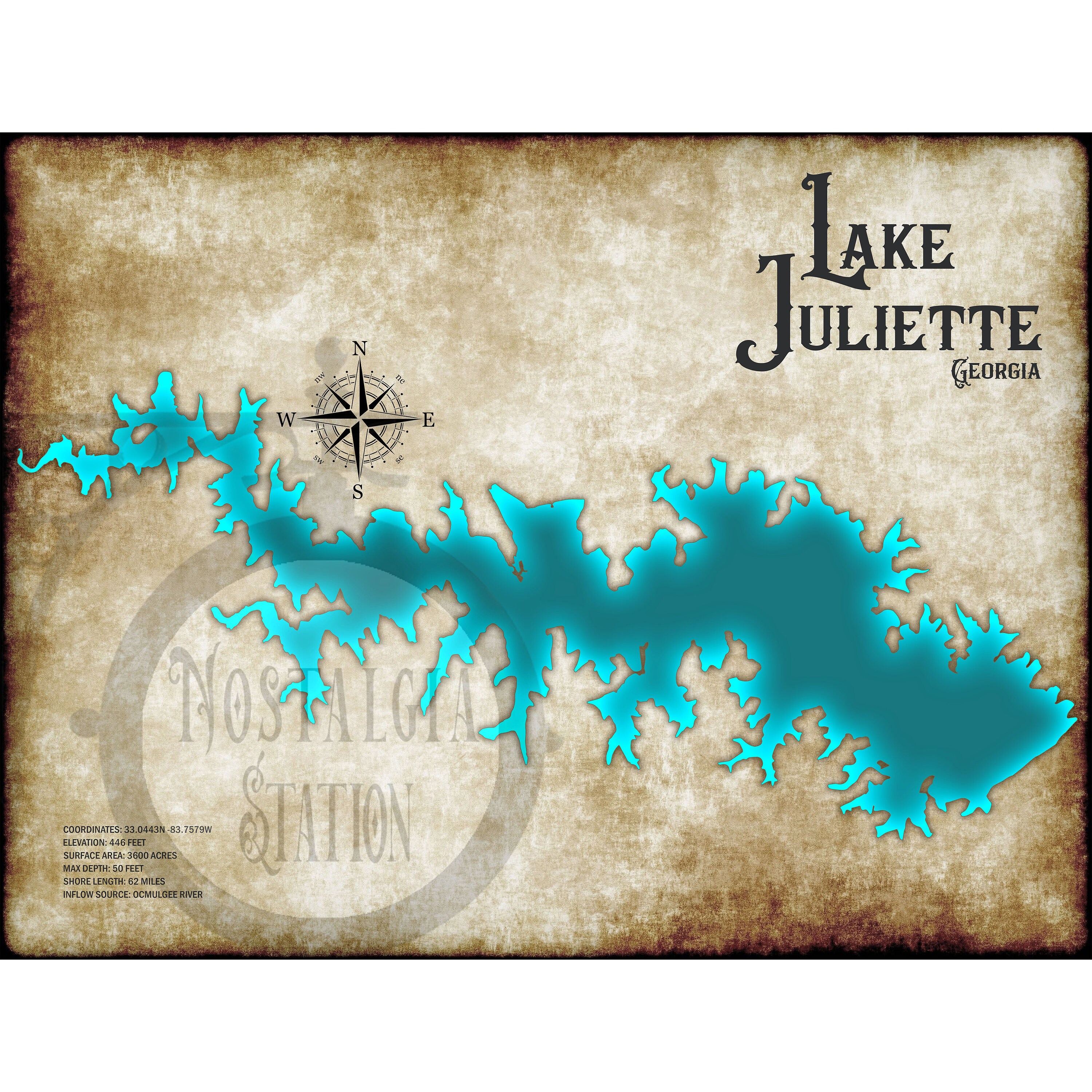 Lake Juliette, Georgia Vintage Style Lake Wall Art Decor Photo Map FREE ...