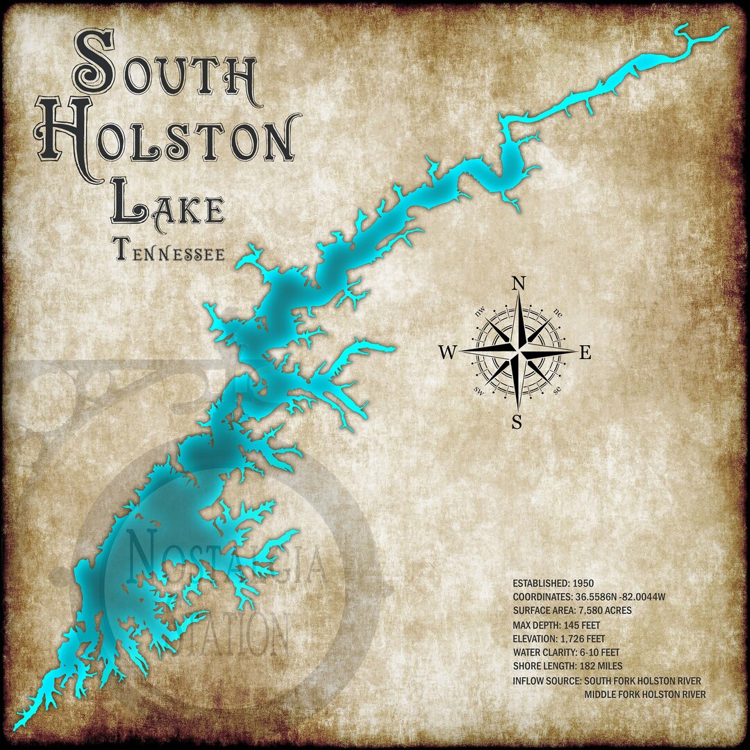 South Holston Lake Map Tennessee Vintage Style Lake Map Wall Art ...