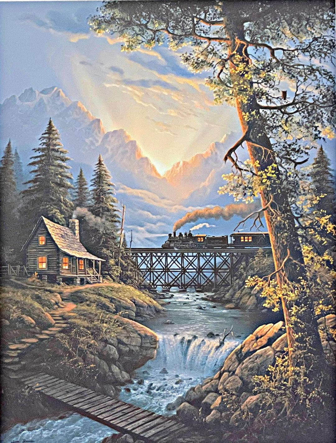 Jesse Barnes Old Steam Engine Train Print Daybreak A/P (12"x16") With ...