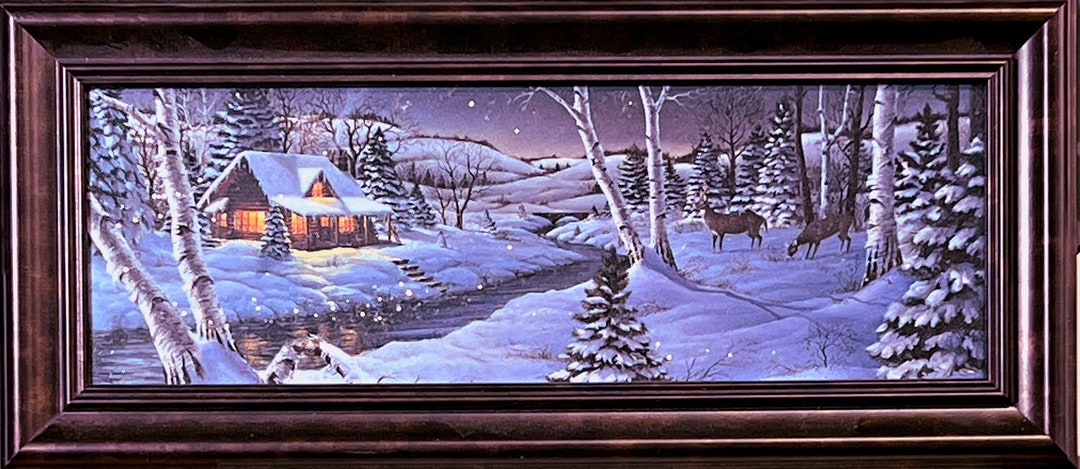 Mark Daehlin A Winter's Night Deer Cabin Glittered Art Print-framed 17 ...