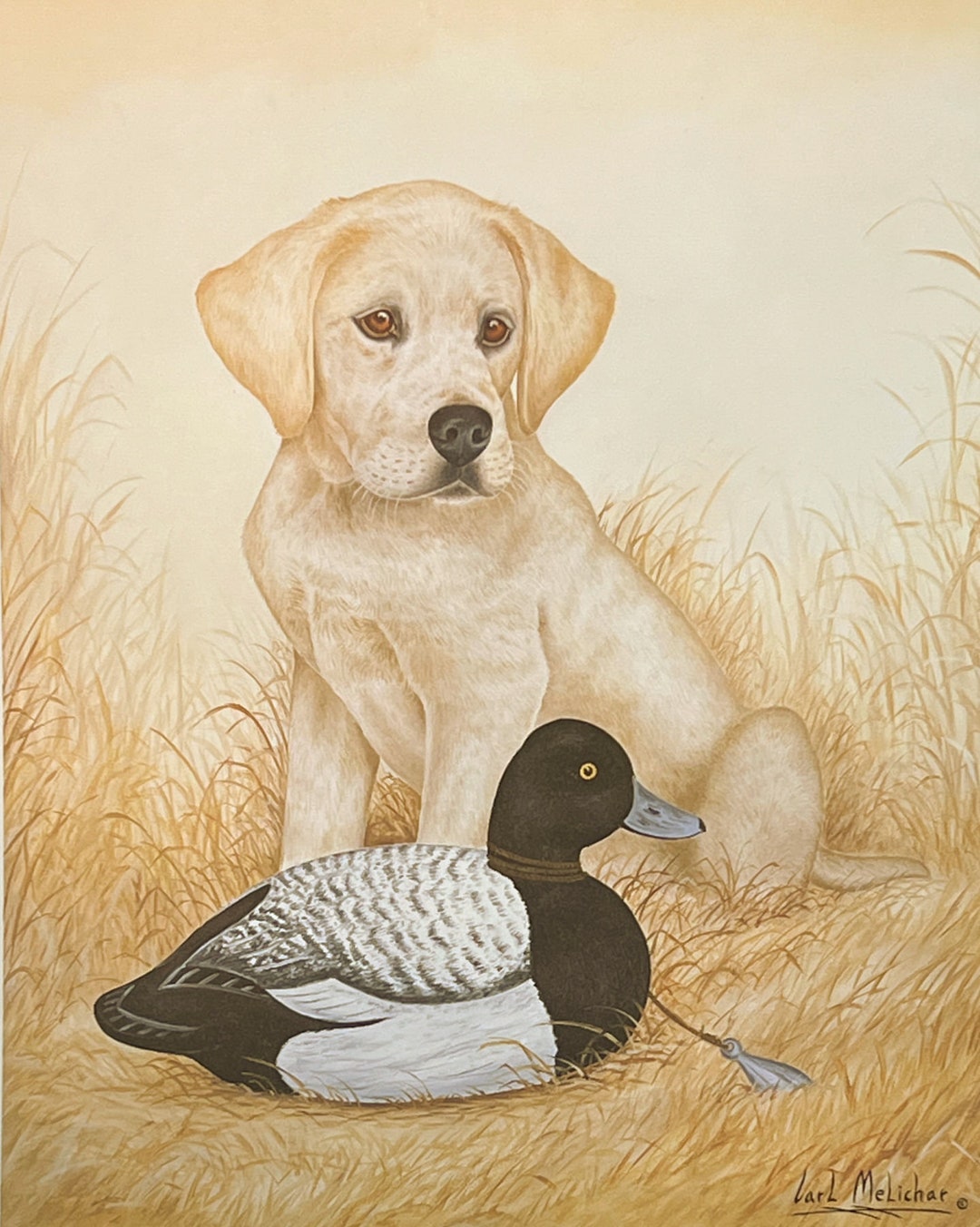 Carl Melichar Hunting Dog Print Yellow Lab Puppy With Bluebill Decoy S ...