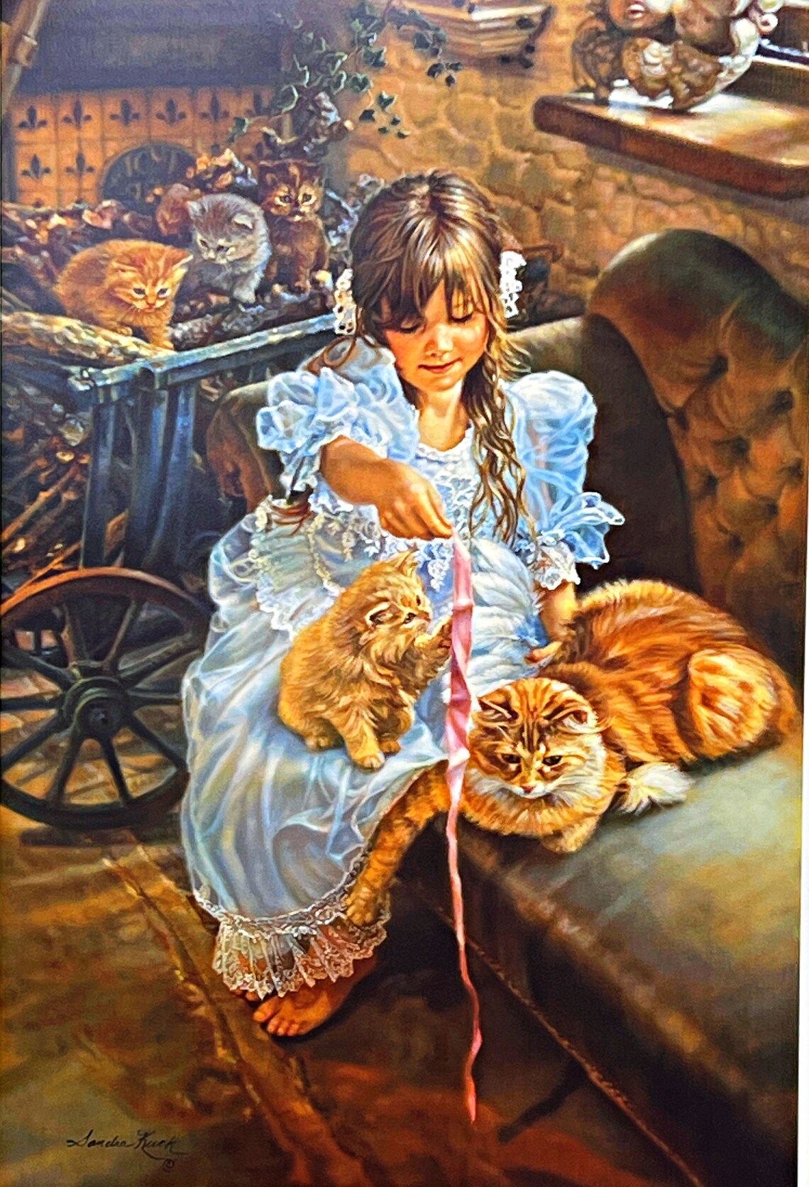 Sandra Kuck Girl With Cats Children Art Print Playful Kitten 17.25"x26 ...