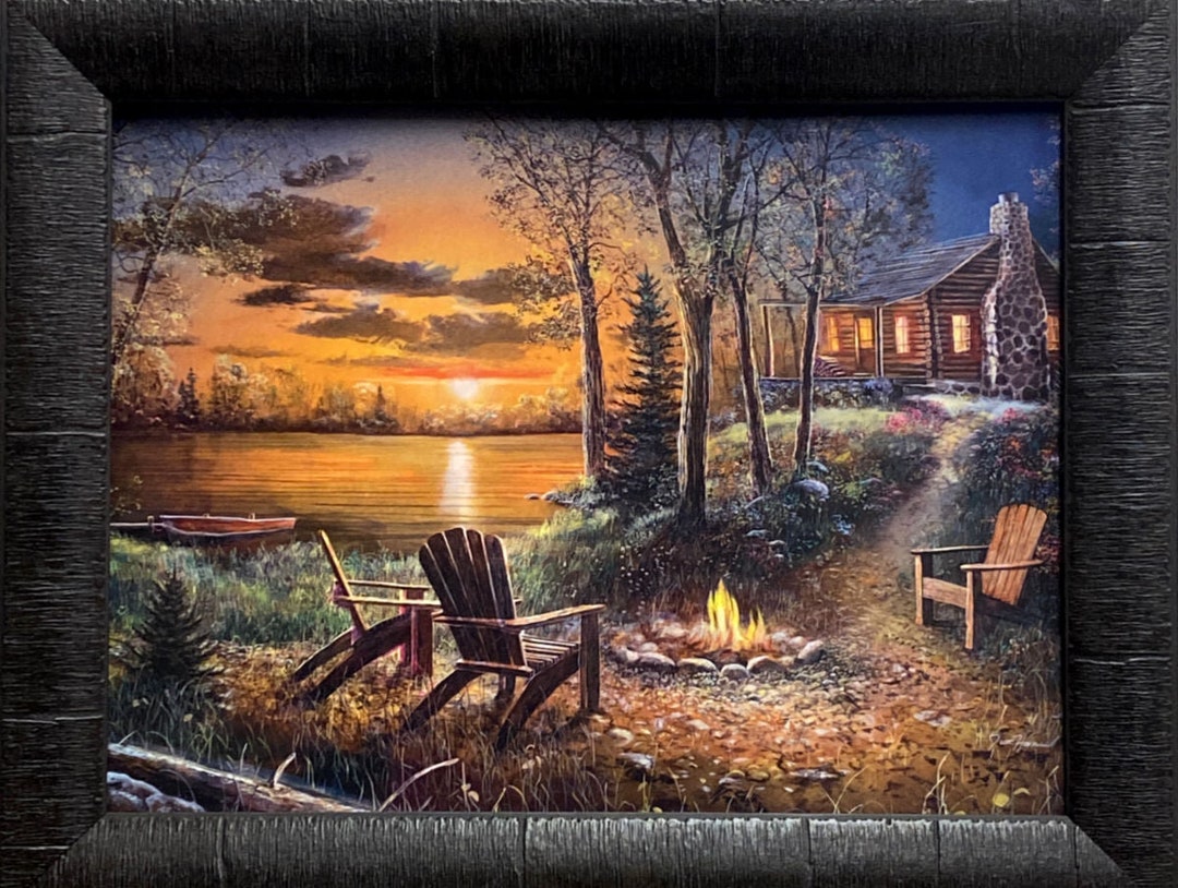 Jim Hansel Fireside Lake Cabin Art Print Framed Studio Canvas 19" X 15 ...
